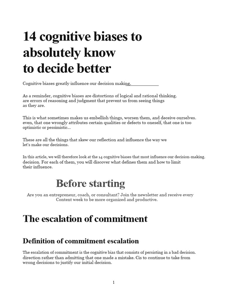 14 Key Cognitive Biases for Better Decisions | PDF | Optimism | Bias