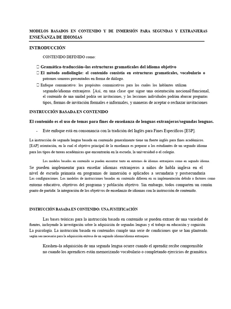 Modelos basados en contenido e inmersión para la enseñanza de segundas lenguas y lenguas ...