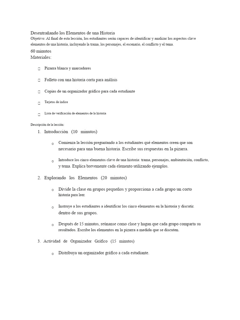 Plan de Lección Sobre Los Elementos de Una Historia | PDF | Cognición ...