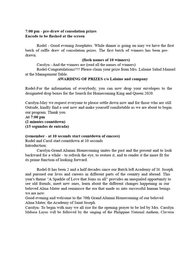 Script For Alumni Homecoming 2020 | PDF
