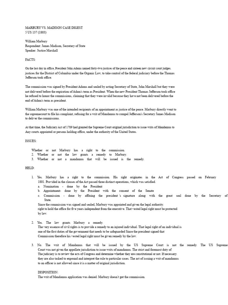 Marbury vs. Madison Case Digest | PDF | Marbury V. Madison | Mandamus