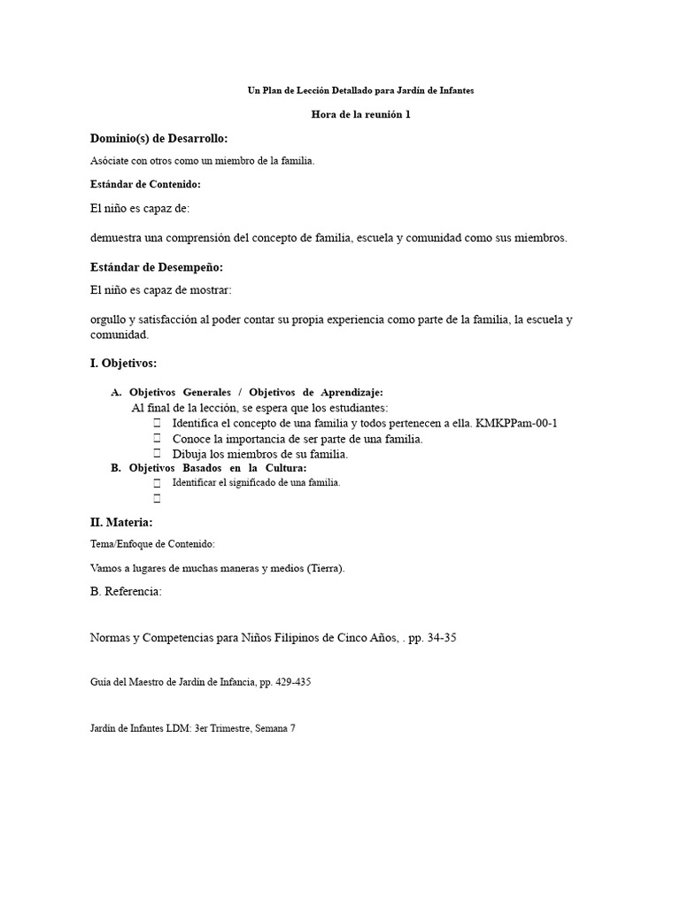 Plan de Lección para Kindergarten: Familia | PDF