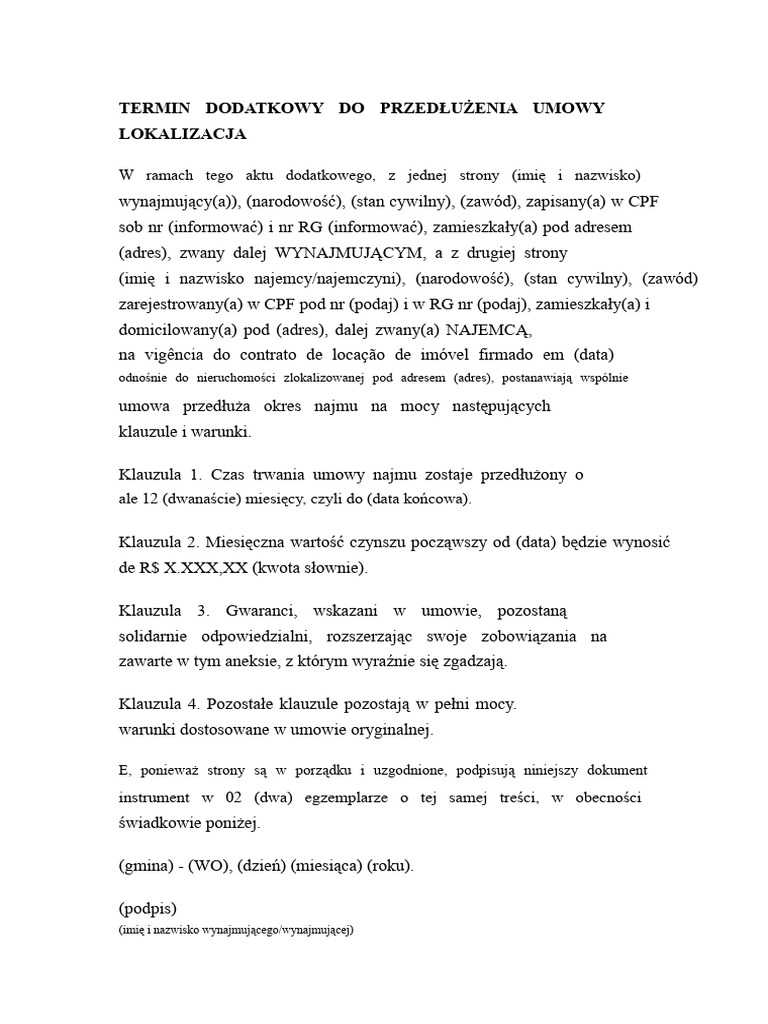 Aneks Do Przedłużenia Umowy Najmu | PDF