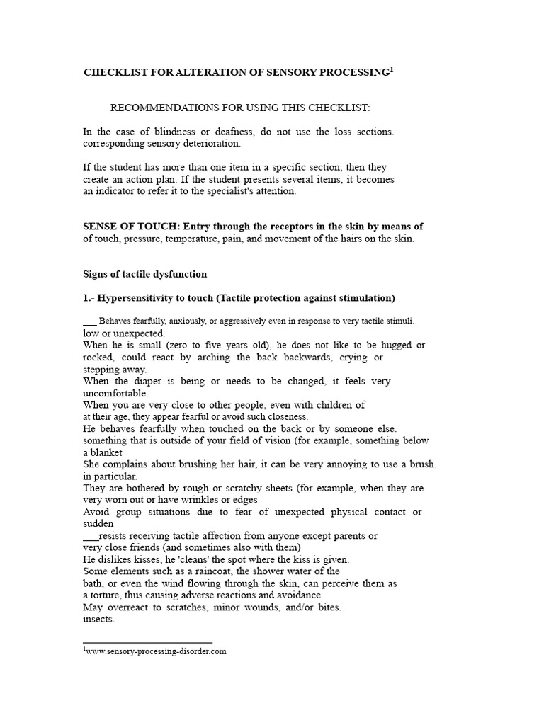 Checklist For Sensory Processing Alteration | PDF | Somatosensory ...