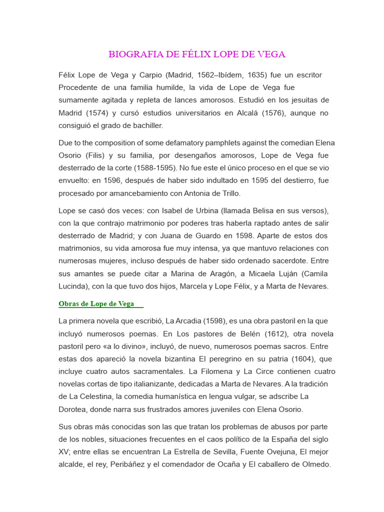Biografía breve de Lope de Vega | PDF