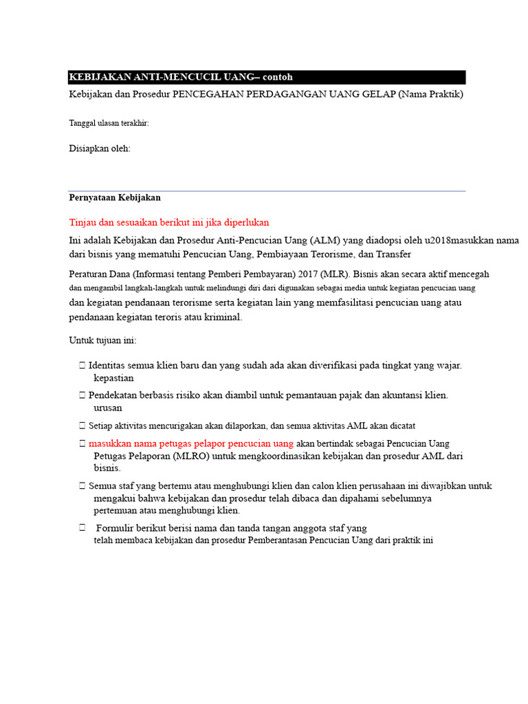 Pernyataan Kebijakan Anti-Pencucian Uang (AML) Contoh IAB | PDF
