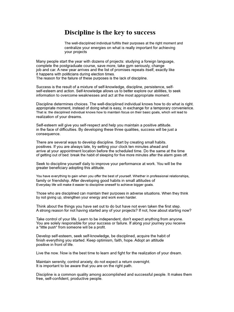 Discipline Is The Key To Success. | PDF | Disciplines | Self Esteem