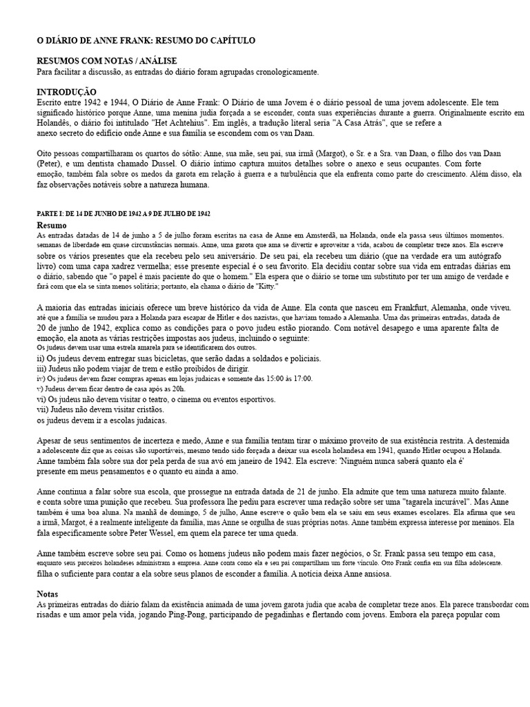 Resumo do Diário de Anne Frank: Capítulo 1 | PDF | Anne Frank | Judeus