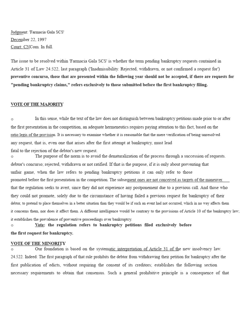 "Farmacia Gala" Ruling Summary | PDF | Bankruptcy | Justice