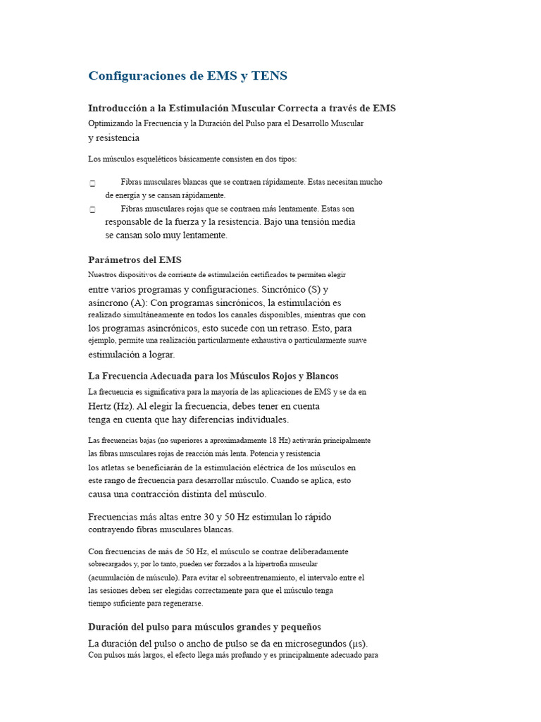 Configuraciones de EMS y TENS | PDF | Músculo | Frecuencia