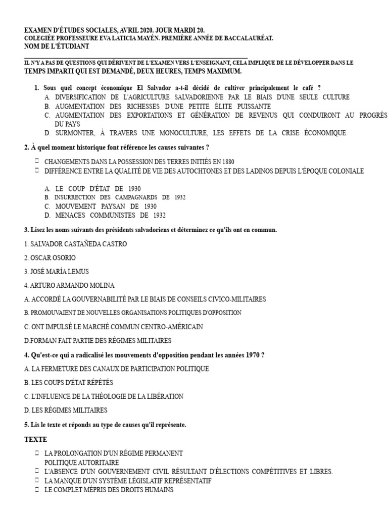 Examen d'Études Sociales 2020 | PDF | Le Salvador