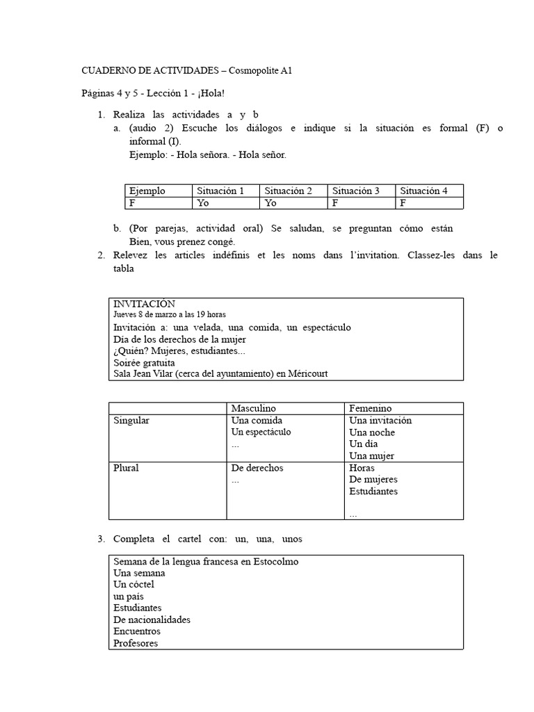 CUADERNO DE ACTIVIDADES - Cosmopolite A1 - Lección 1 Páginas 4 y 5 ...