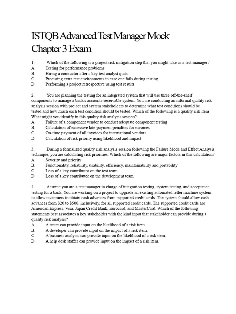 ISTQB Advanced Test Manager Mock Exam | PDF | Credit Card | Software ...