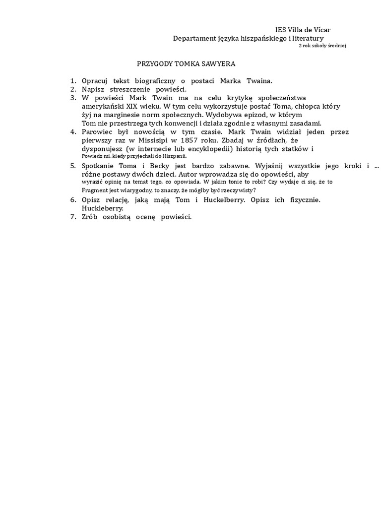 PRZYGODY TOMKA SAWYERA Praca | PDF