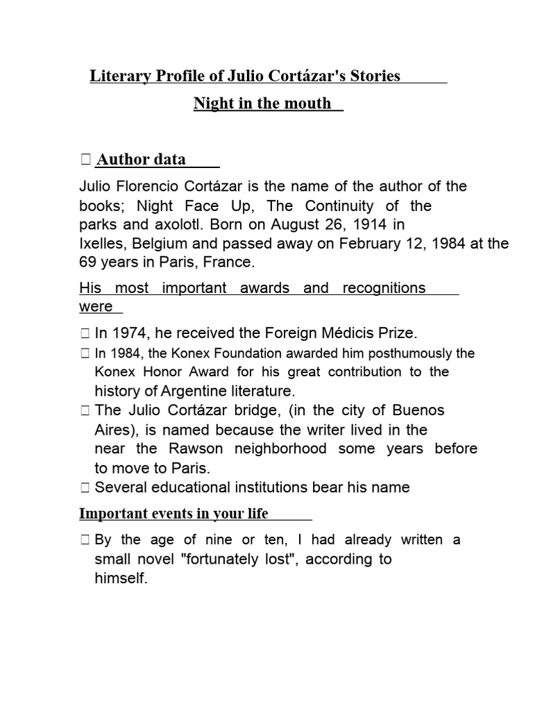 Literary Profile of Stories by Julio Cortázar "The Night Face Up" | PDF