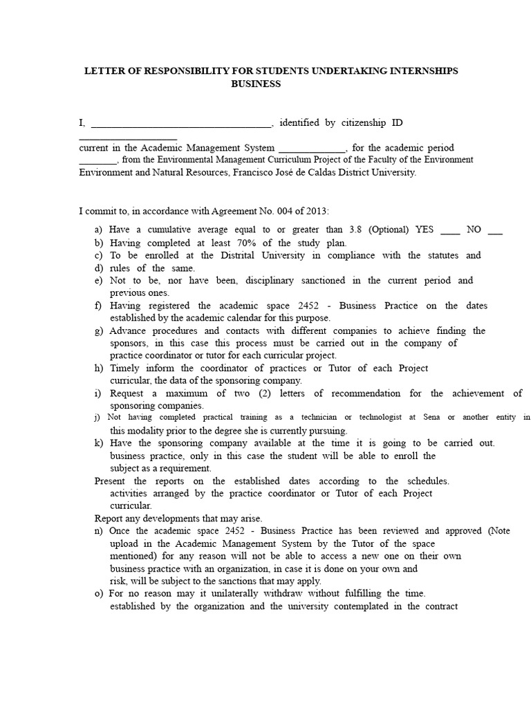 Letter of Responsibility For Students Undertaking Business Practice ...