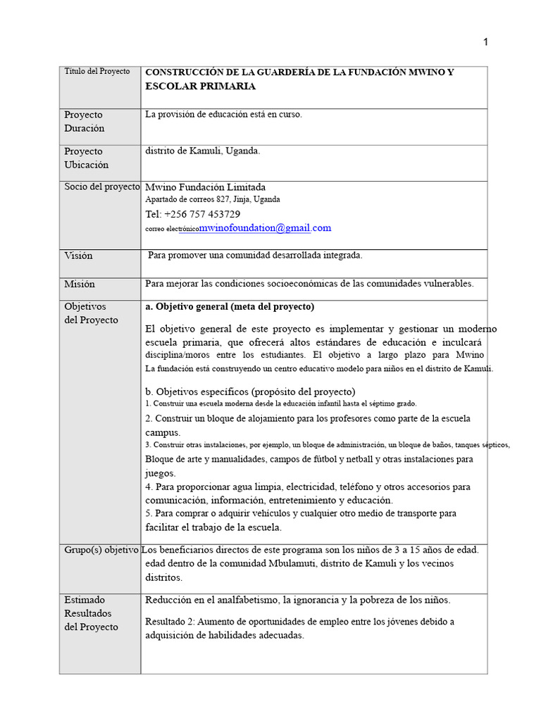 Propuesta de Proyecto de La Escuela Nursey y Primaria Mwino Foundation ...