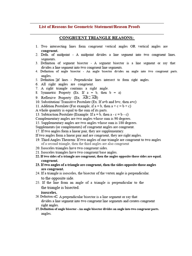 List of Proof Reasons - REVISED | PDF | Triangle | Perpendicular