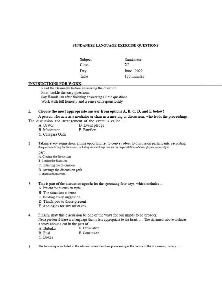 Sundanese Language Exercise Questions | PDF | Linguistics