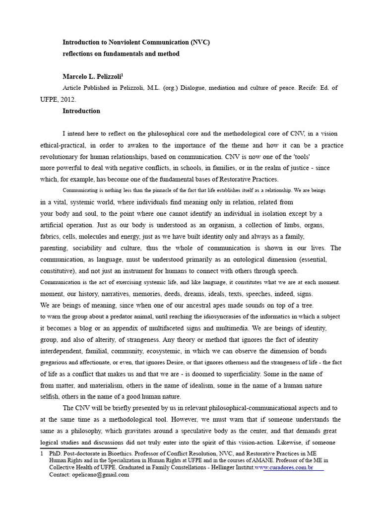 Introduction To Nonviolent Communication (Rosenberg) | PDF | Feeling | Violence