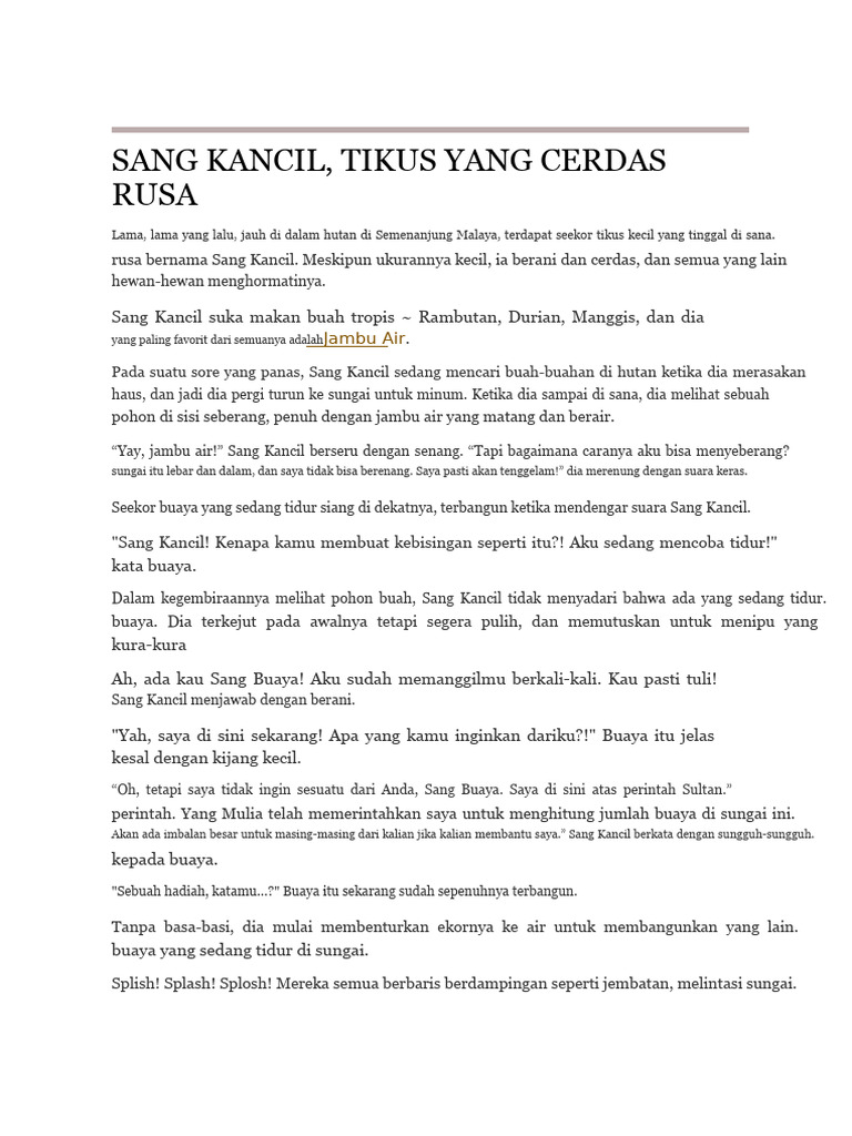 Sang Kancil dan Buaya Cerdik | PDF