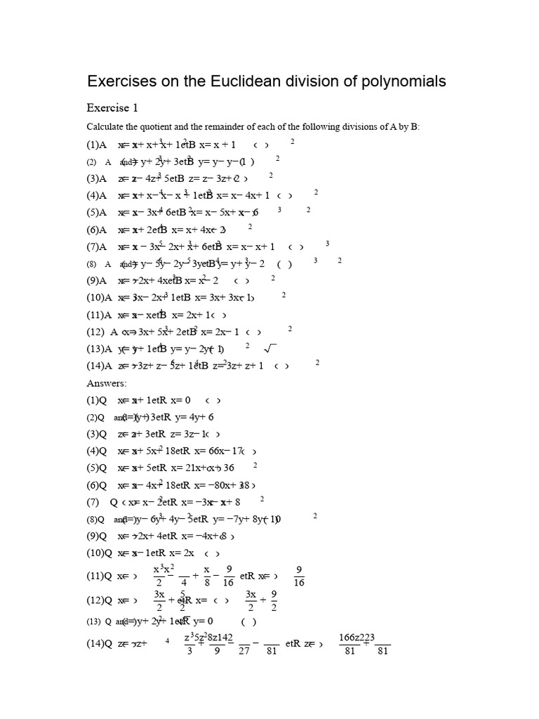 Exercises On The Euclidean Division of Polynomials | PDF | Factorization | Arithmetic