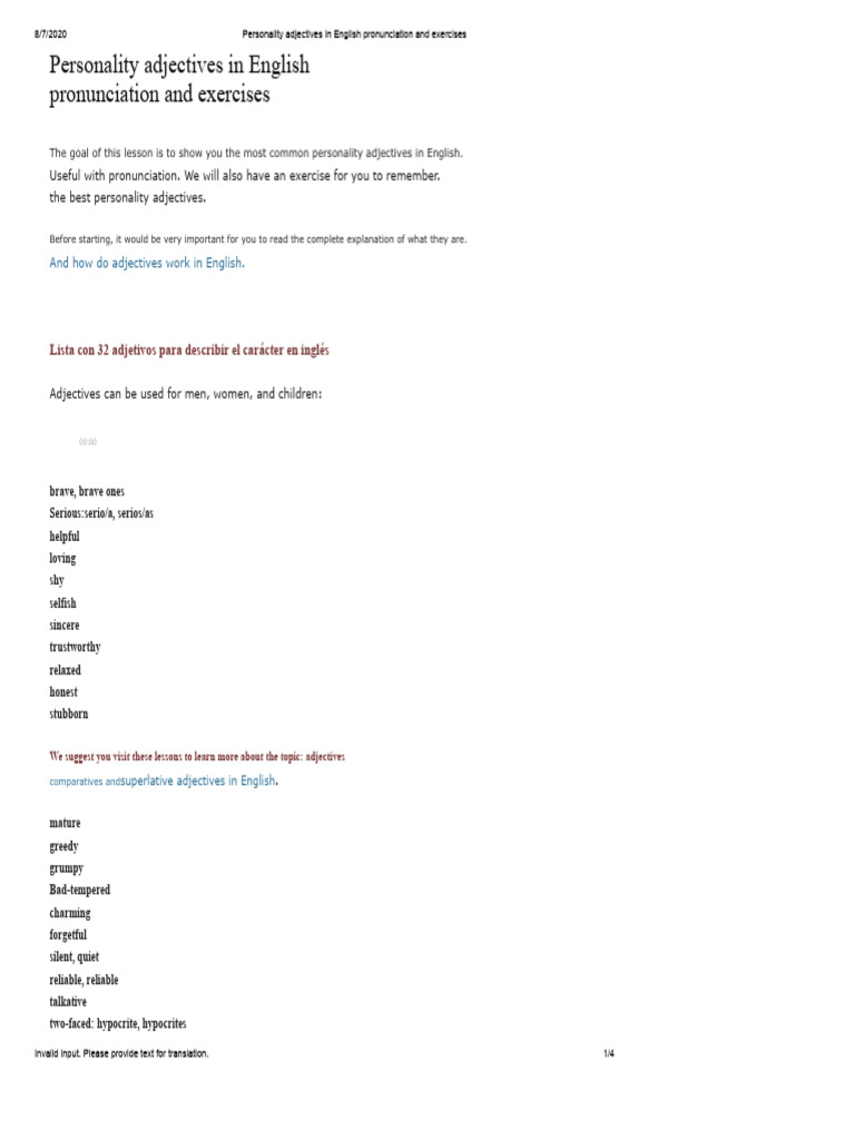 Personality Adjectives in English Guide | PDF | Languages | Foreign ...