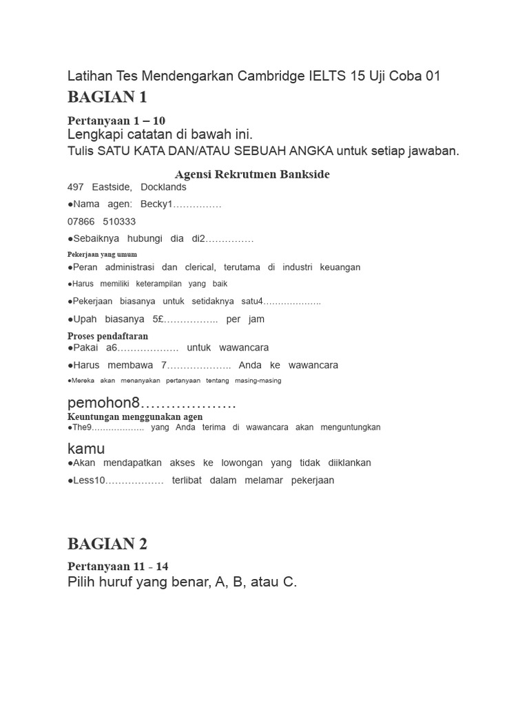 Latihan Tes Mendengarkan Cambridge IELTS 15 Ujian 01 | PDF