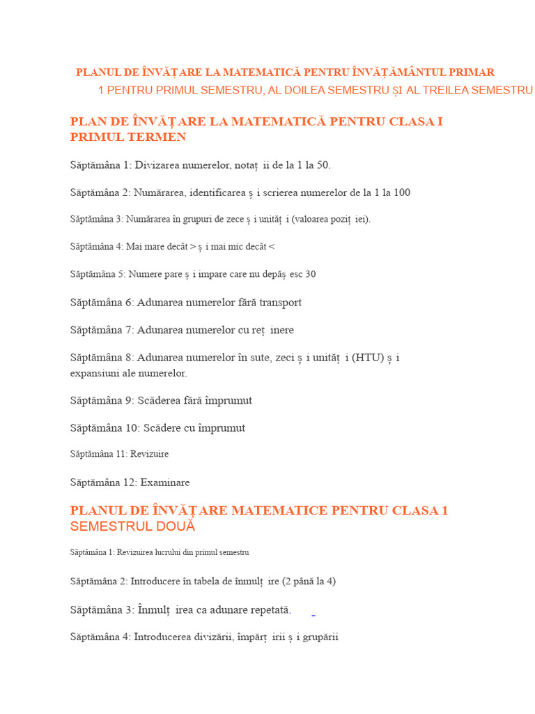 Schema de Lucru Matematica Clasa 1 | PDF