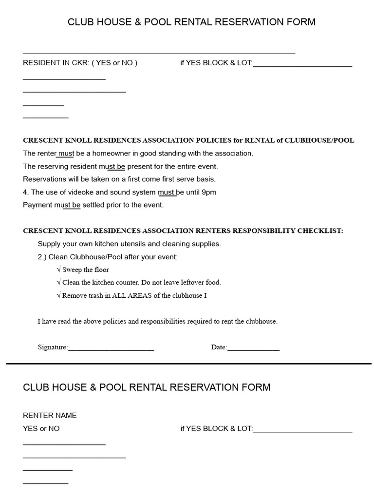 Clubhouse & Pool Rent Reservation Form | PDF