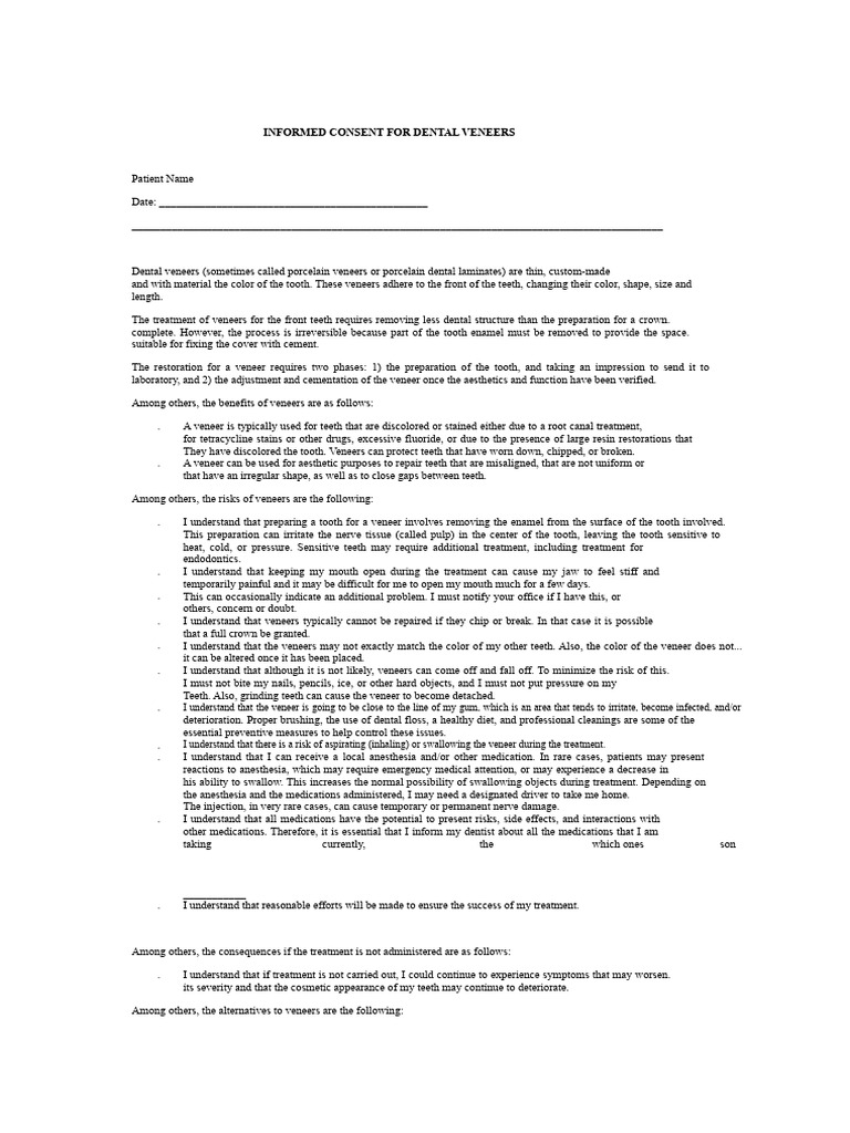 Informed Consent For Dental Veneers | PDF | Dentistry Branches | Dentistry