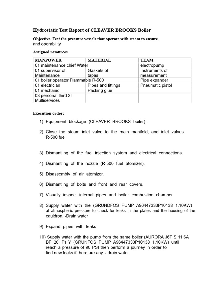 Hydrostatic Test Report For CLEAVER BROOKS Boiler | PDF | Leak | Boiler