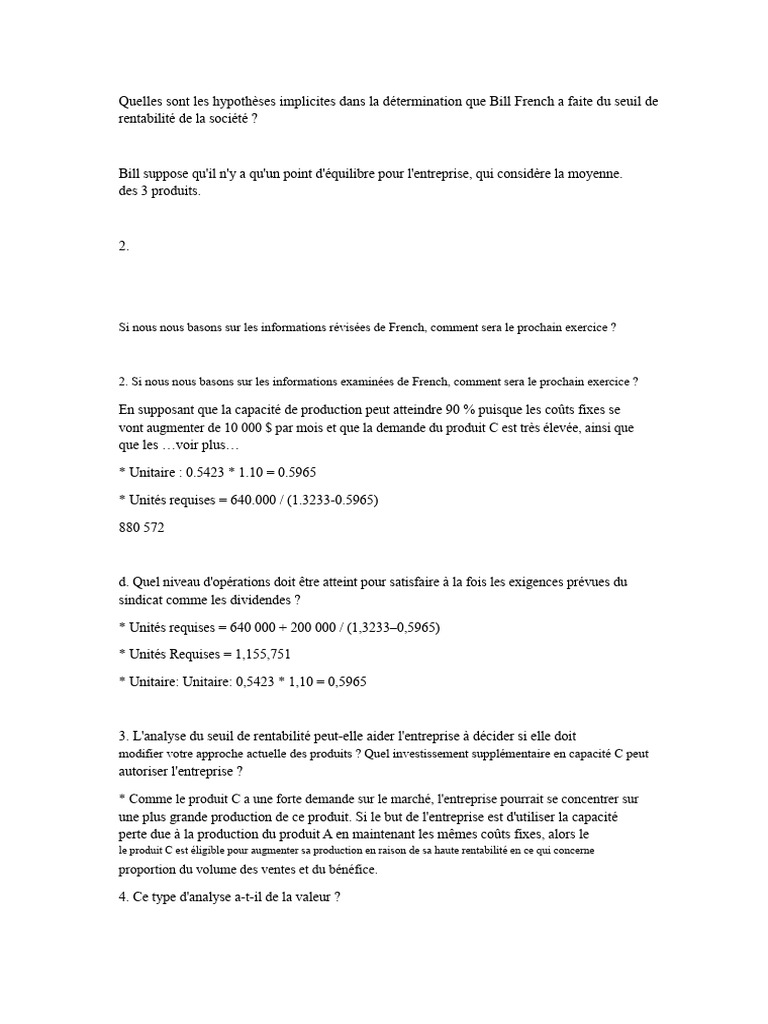 Analyse du seuil de rentabilité de Bill French | PDF