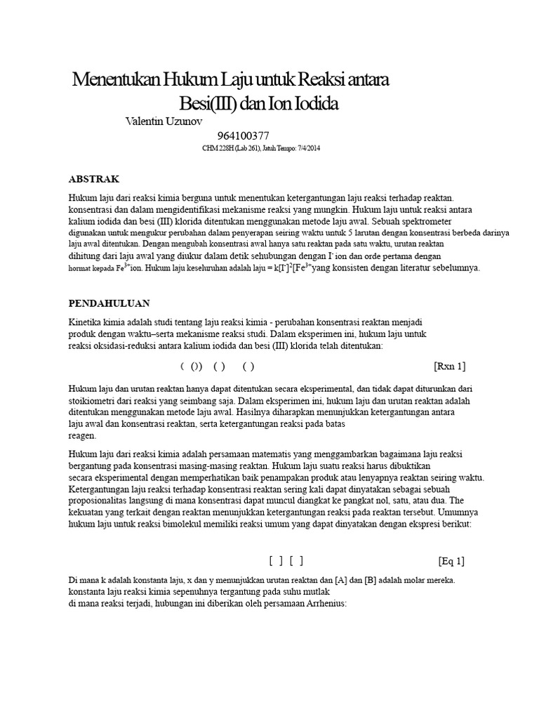 Menentukan Hukum Laju Untuk Reaksi Antara Besi (III) Dan Ion Iodida | PDF