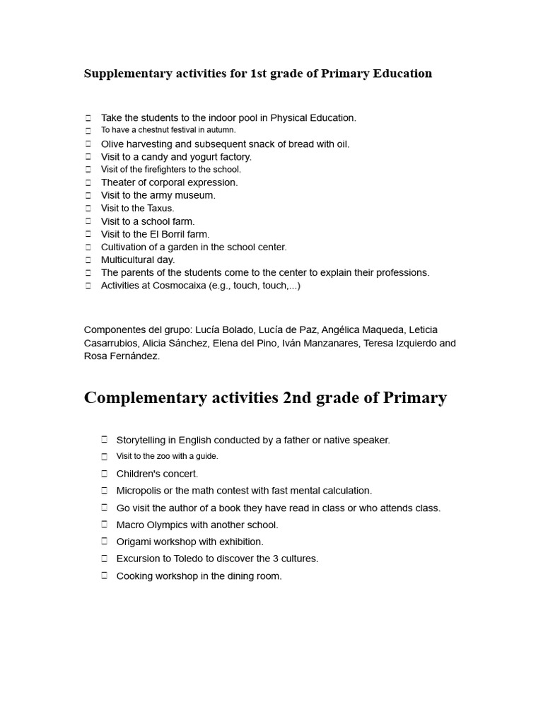 Complementary Activities For 1st, 2nd, 3rd, 4th, 5th, and 6th Grade of Primary Education | PDF