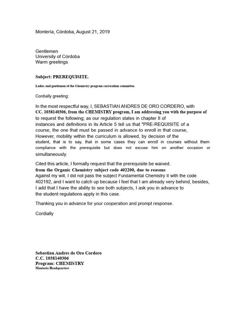 Letter Format Break Prerequisite. | PDF