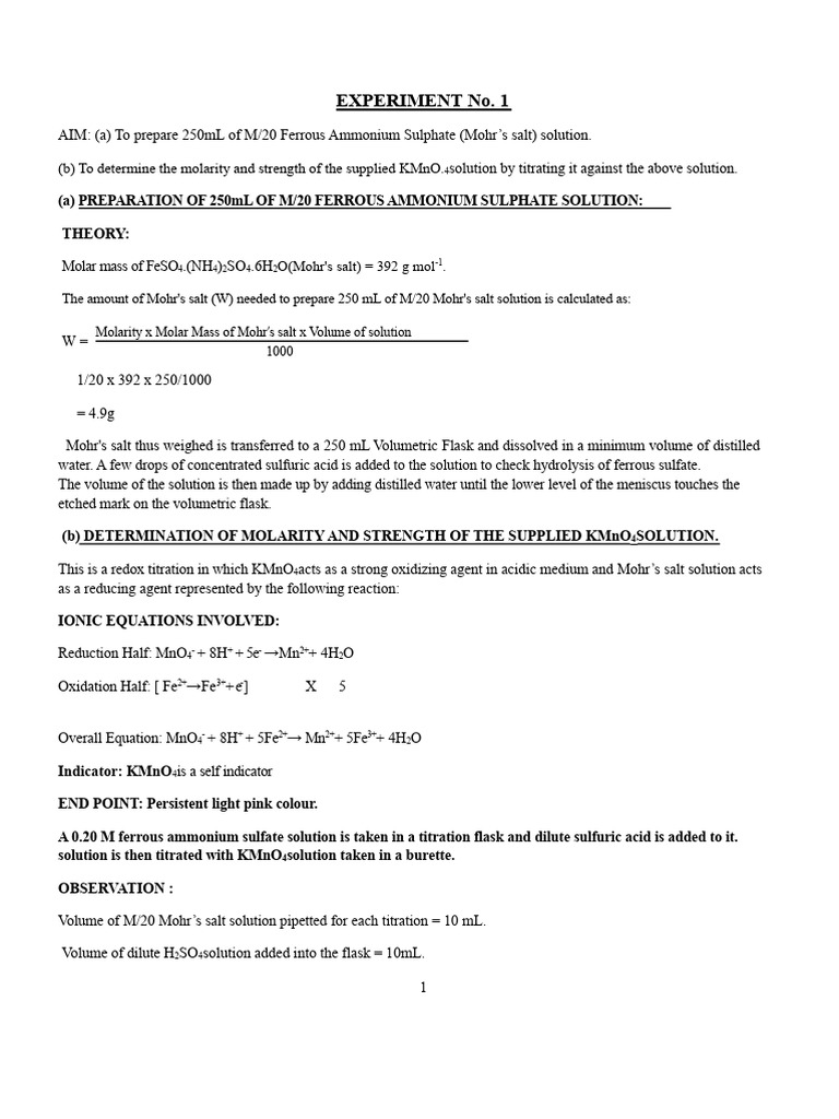 KMnO4 Vs Mohr's Salt Titration | PDF | Titration | Chemistry