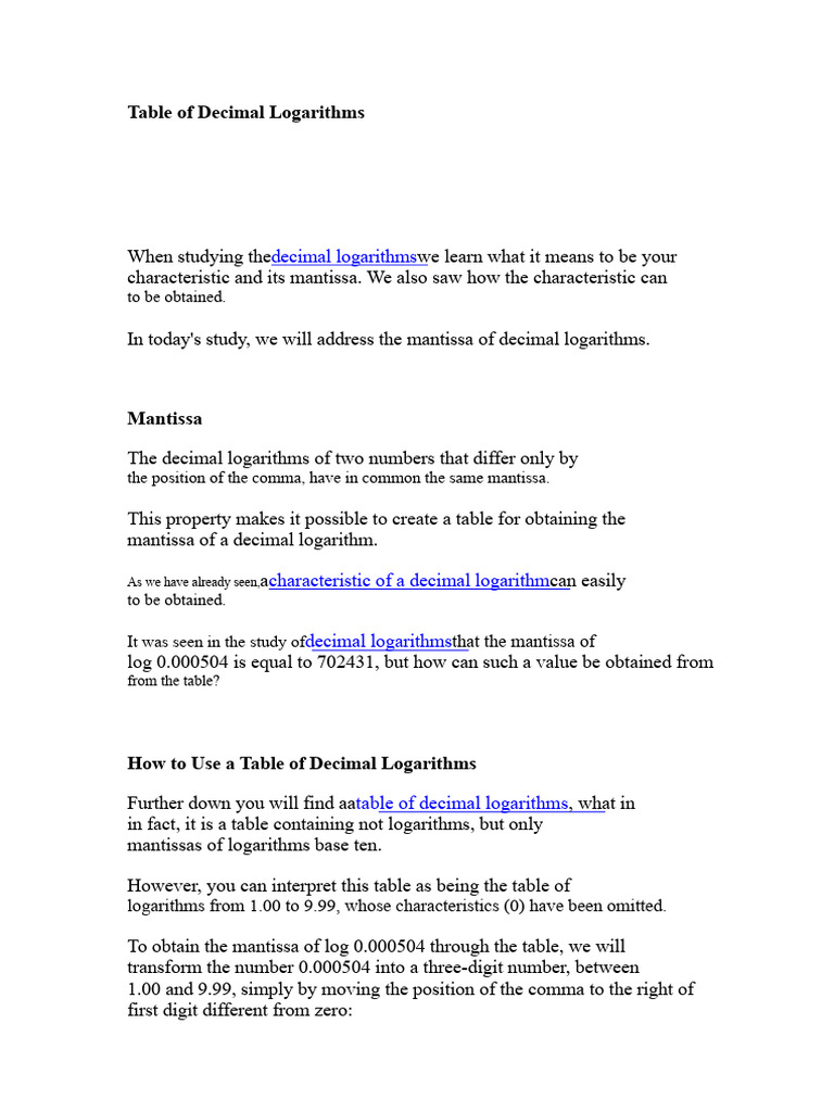 Decimal Logarithm Mantissa Table | PDF | Logarithm | Numbers