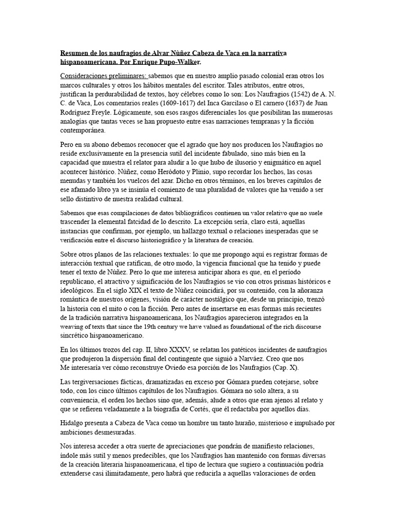 Resumen de Los Naufragios de Alvar Núñez Cabeza de Vaca en La Narrativa Hispanoamericana | PDF ...