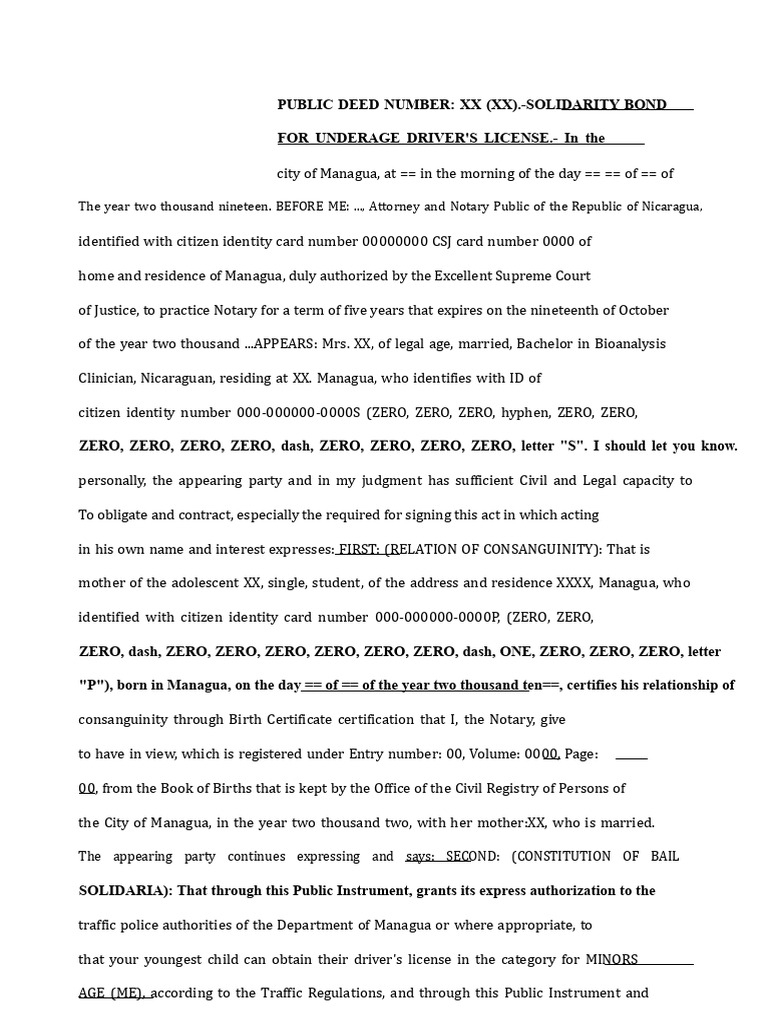 Public Deed of Solidarity Bond For Minor's Driver's License | PDF ...