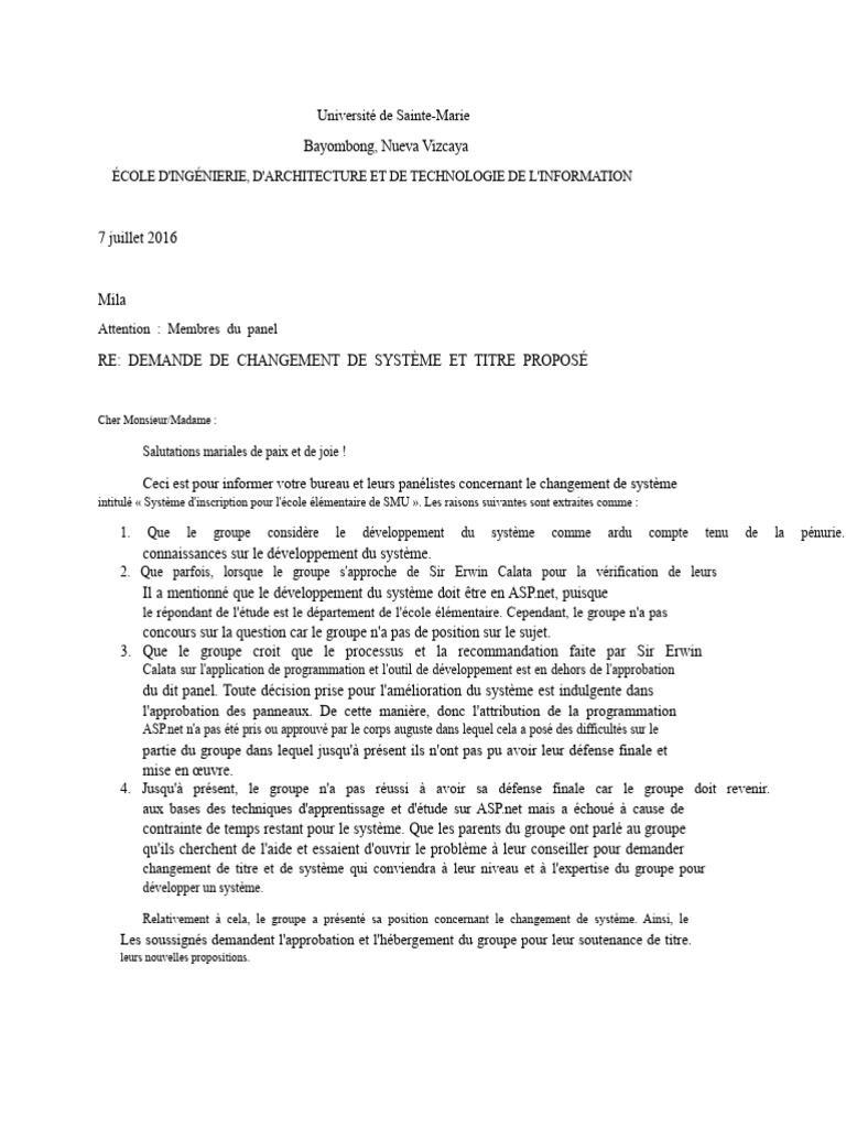 Lettre de Demande de Soutenance de Mémoire | PDF
