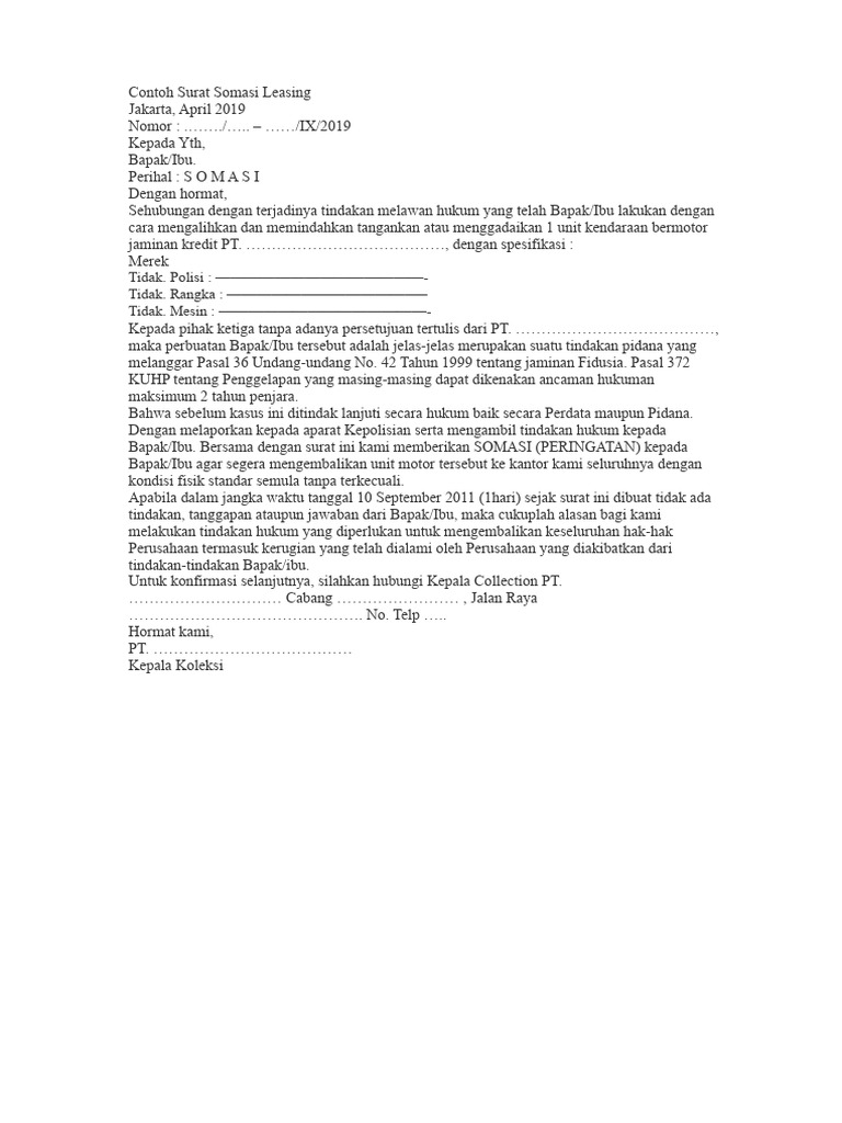 Contoh Surat Somasi Leasing Motor | PDF