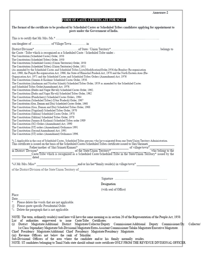 Caste Certificate Format for SC/ST Applicants | PDF | Government Of India