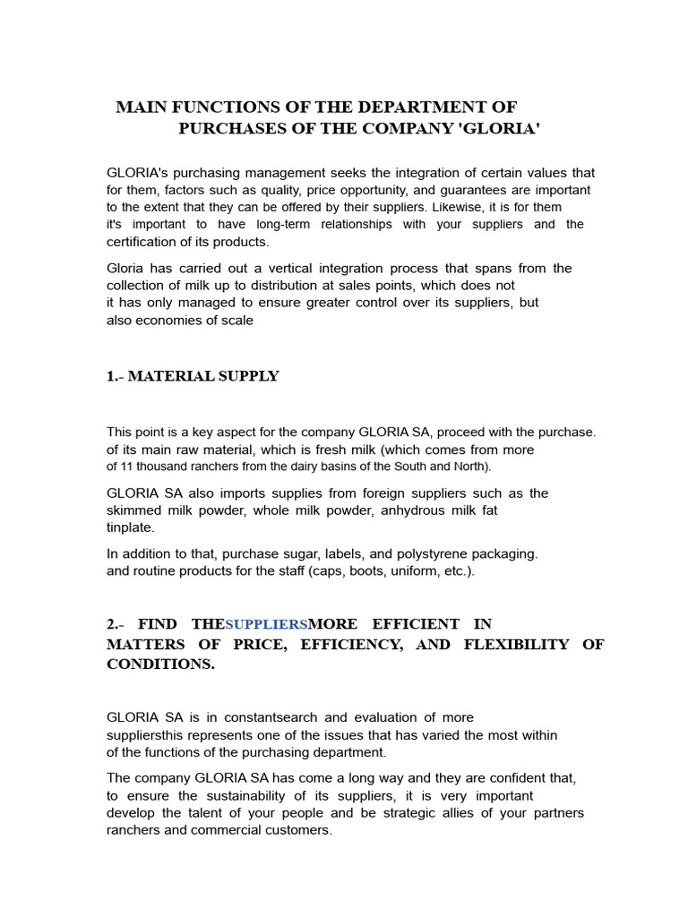 Main Functions of The Purchasing Department of Gloria Company | PDF ...