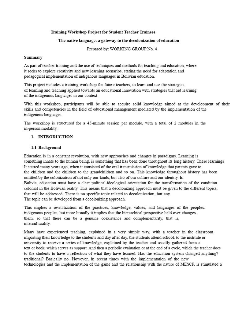 Training Workshop Project For Student Teachers in Training | PDF ...