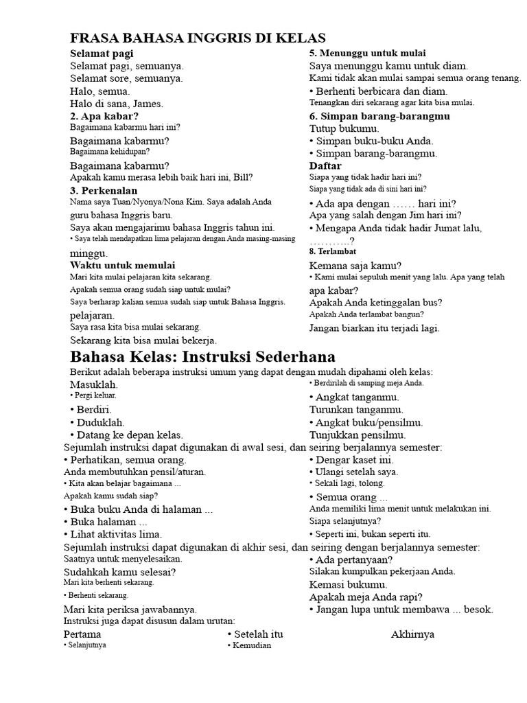 Frasa Bahasa Inggris untuk Kelas | PDF