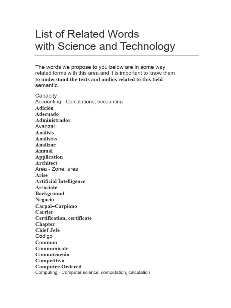 Science and Technology Vocabulary List | PDF