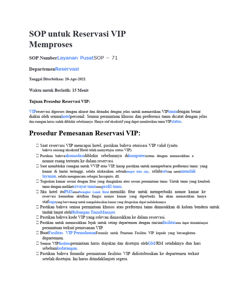 SOP Reservasi VIP untuk Hotel | PDF
