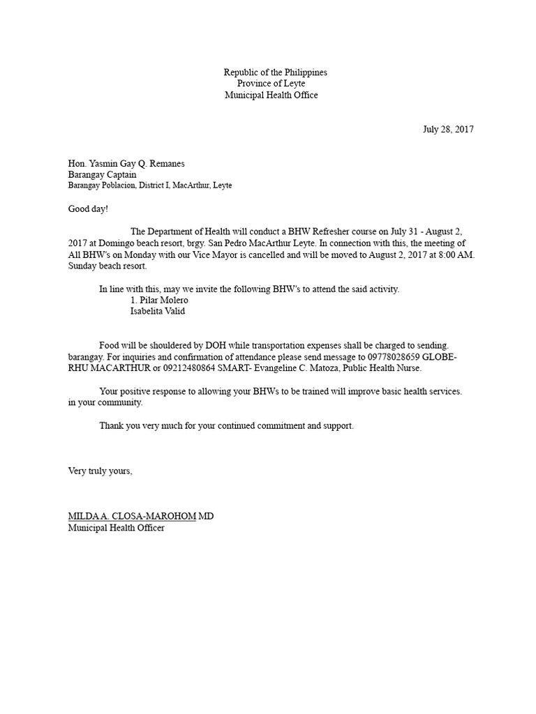 Communication letter for Bhw refresher course. | PDF | Health Policy ...