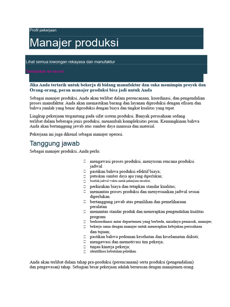 Peran dan Tanggung Jawab Manajer Produksi | PDF